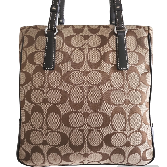 Coach | Bags | Coach Brown Leather Trim Canvas Tote Bucket Bag ...